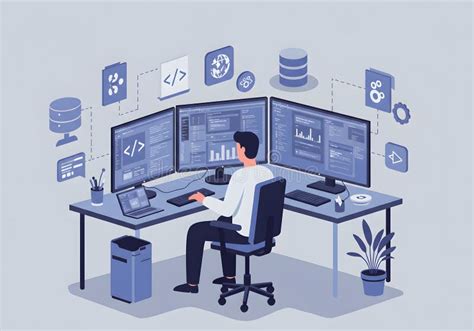 Developer Working With Multiple Monitors At Desk Stock Illustration Illustration Of Design