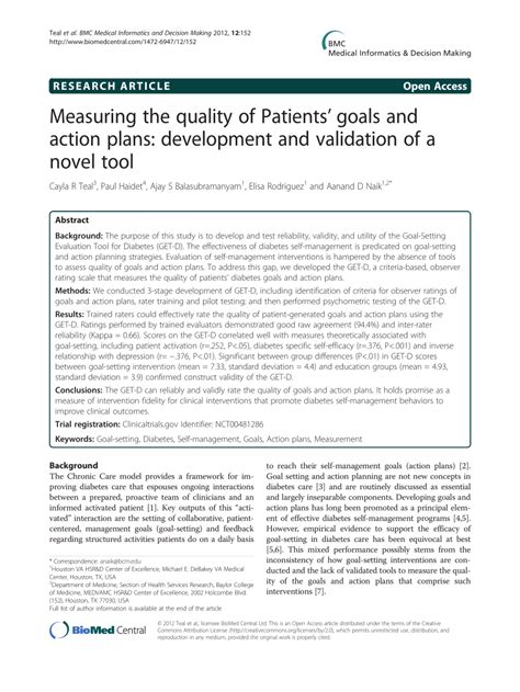 Pdf Measuring The Quality Of Patients Goals And Action Plans Development And Validation Of A
