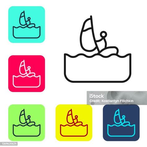 흰색 배경에 격리 된 검은 줄 윈드 서핑 아이콘 색상 정사각형 단추로 아이콘을 설정합니다 벡터 검은색에 대한 스톡 벡터 아트 및 기타 이미지 Istock