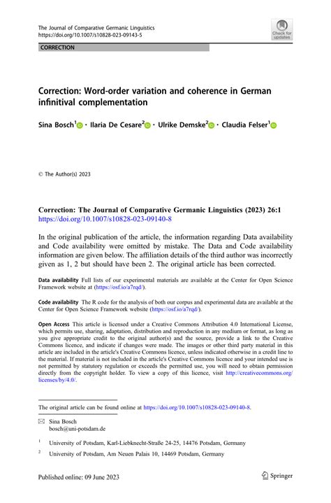 Pdf Correction Word Order Variation And Coherence In German Infinitival Complementation