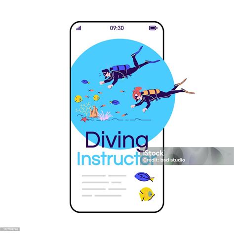 다이빙 강사 만화 스마트 폰 벡터 응용 프로그램 화면입니다 인도네시아 관광 암초 물고기 관찰 플랫 캐릭터 디자인 모형휴대 전화 디스플레이 응용 프로그램 전화 귀여운