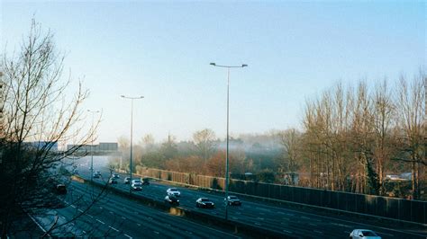 가벼운 교통 거리 겨울 경치 경치가 좋은 고속도로 고요한 교통 교통 표지판 나무 도로 도시 경관 도시의 로드 트립 맑은 하늘 박무 새벽 수송