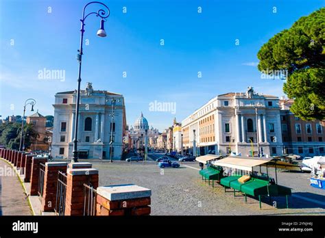 The Small Marketplace On Piazza Pia And Huge Dome Of Saint Peters