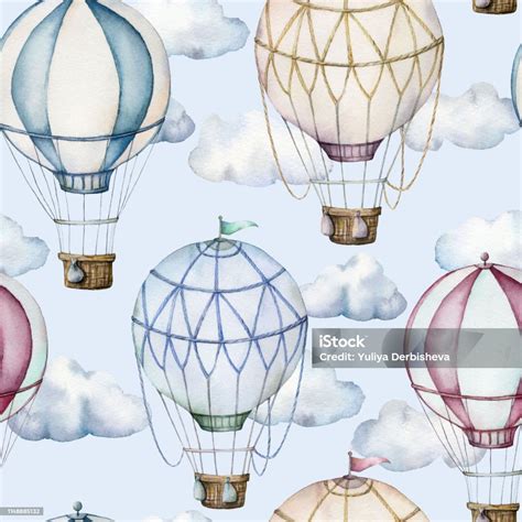 뜨거운 공기 풍선 및 구름 수채화 원활한 패턴입니다 손은 파스텔 파란색 배경에 고립 된 Aerostate와 하늘 그림을 그린 디자인 인쇄 직물 또는 배경 열기구에 대한 스톡