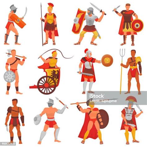 검 투사 검 이나 무기와 갑옷에 로마 전사 캐릭터 벡터 그리고 그리스 사람 Warrio 흰색 배경에 고립 된 전쟁에서 전투의 고 대 로마 그림 세트에 방패 로마 이탈리아에