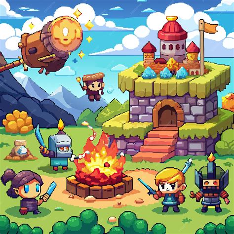 Pixelated Characters Gather Around A Campfire Near A Castle Premium