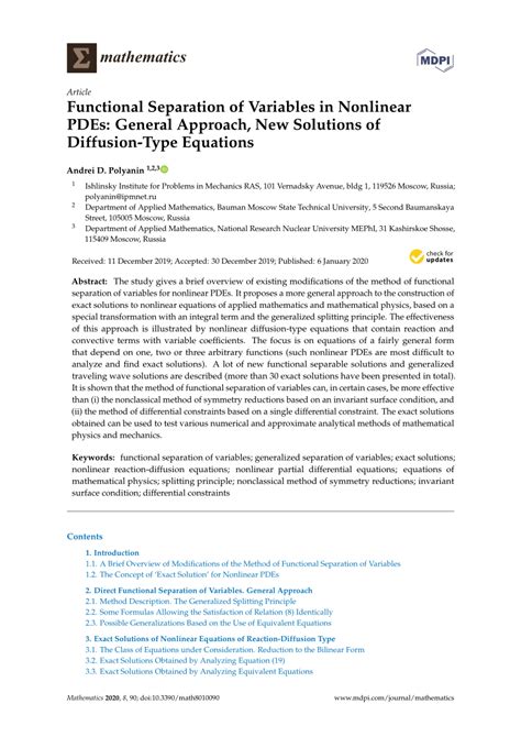 Pdf Functional Separation Of Variables In Nonlinear Pdes General