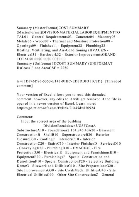 Summary Masterformat Cost Summary Masterformat Divisionmateriall Docx