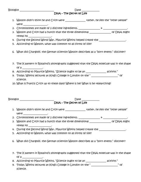 DNA Worksheet Watson Crick And The Secret Of Life