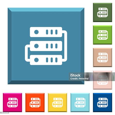 Connected Servers White Icons On Edged Square Buttons Stock