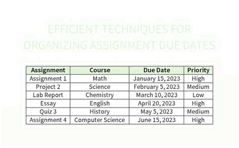 Efficient Techniques For Organizing Assignment Due Dates Excel Template Free Download Pikbest