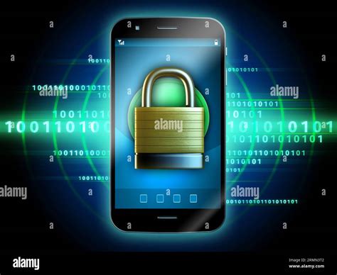smartphone with padlock over a data stream digital illustration stock