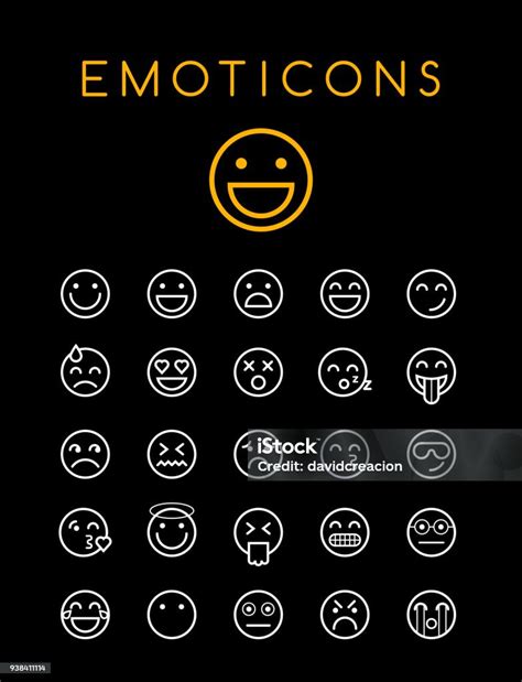 검은 배경에 품질 보편적인 표준 최소한의 간단한 흰색 얇은 라인 이모티콘 설정 감정에 대한 스톡 벡터 아트 및 기타 이미지