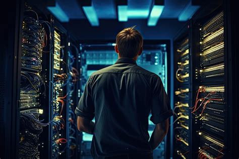 Premium Ai Image Rear View Of Young Man Standing In Datacenter Server Room Rear View Of The