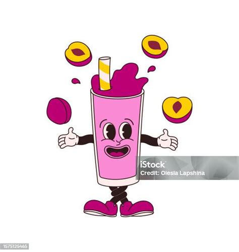 투명한 배경에 만화 만화 스타일의 매실 주스 유리 캐릭터 복고풍 스타일의 꿀 음료의 재미있는 마스코트를 손으로 그립니다 주스 스무디 또는 와인 잔의 격리된 벡터 그림 밀크