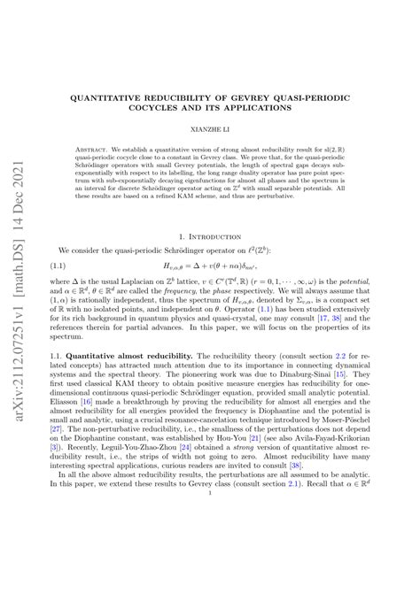 Pdf Quantitative Reducibility Of Gevrey Quasi Periodic Cocycles And Its Applications