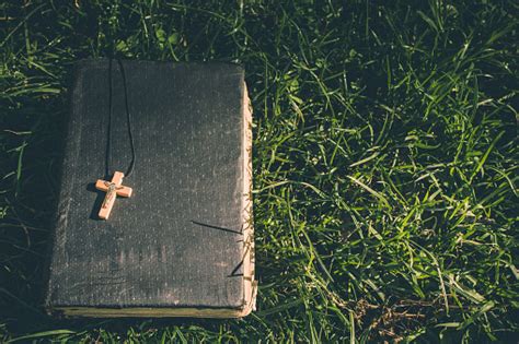 빈티지 오래 된 성경 책 그런 지 커버 나무 기독교 십자가와 질감 레트로 스타일 잔디 배경 이미지 0명에 대한 스톡 사진 및