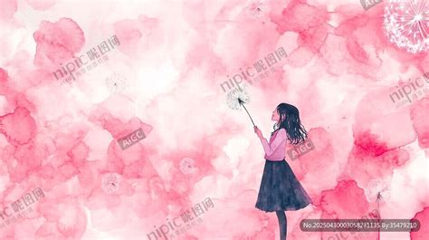 Ai创作图粉色 水彩 背景 女孩 蒲公英 浪漫 唯美 梦幻 花朵 自然 意境 插画 清新 柔和 飘逸 昵图网