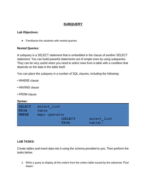 Lab Manual 7 Subquery Pdf