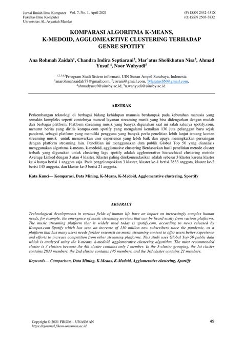 Pdf Komparasi Algoritma K Means K Medoid Agglomeartive Clustering Terhadap Genre Spotify