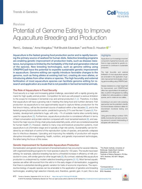 Potential Of Genome Editing To Improve Aquaculture Breedi 2019 Trends In Gen Pdf