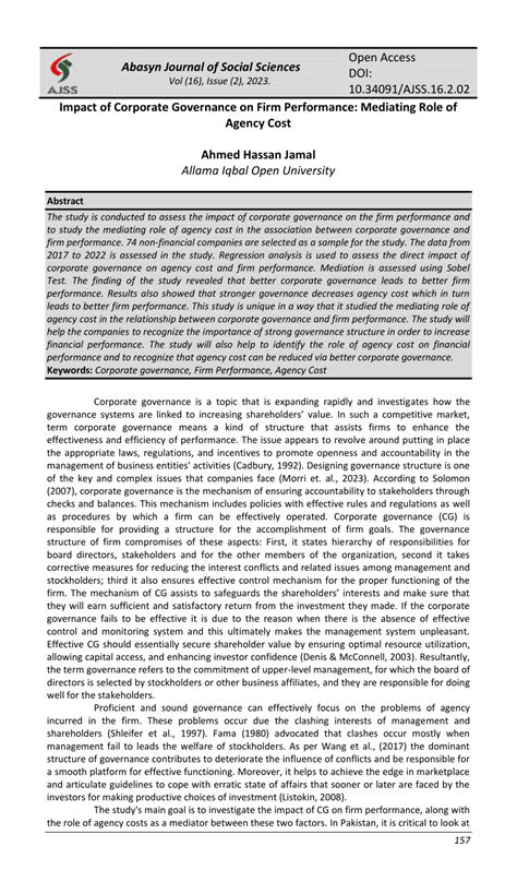 Pdf Impact Of Corporate Governance On Firm Performance Mediating Role Of Agency Cost