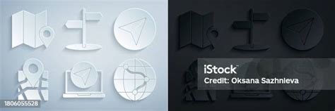 도시지도 탐색 종이 비행기 위치 마커로 접힌 인포 그래픽 지구본 위치 도로 교통 표지판 및 아이콘의 인포 그래픽을 설정합니다 벡터 3차원 형태에 대한 스톡 벡터 아트 및