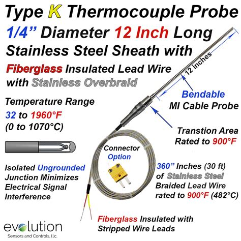 Type K Thermocouple 14 Probe With Stainless Steel On Fiberglass Leads