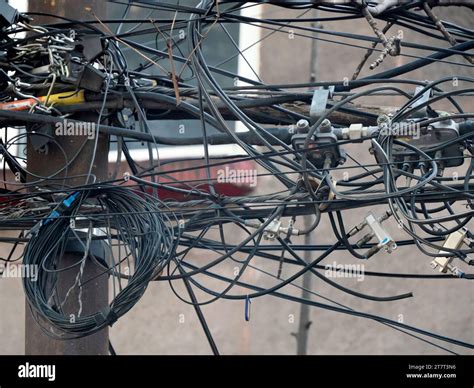 Mexico City Messed Up Power Lines And Connection Cables Many Tangled Wires On Electric Poles