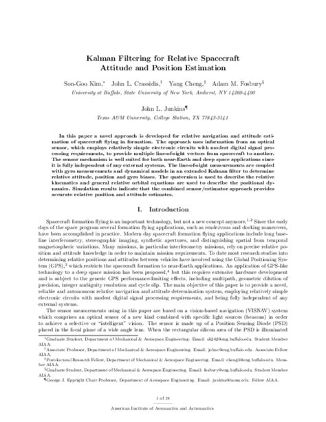 Pdf Kalman Filtering For Relative Spacecraft Attitude And Position Estimation