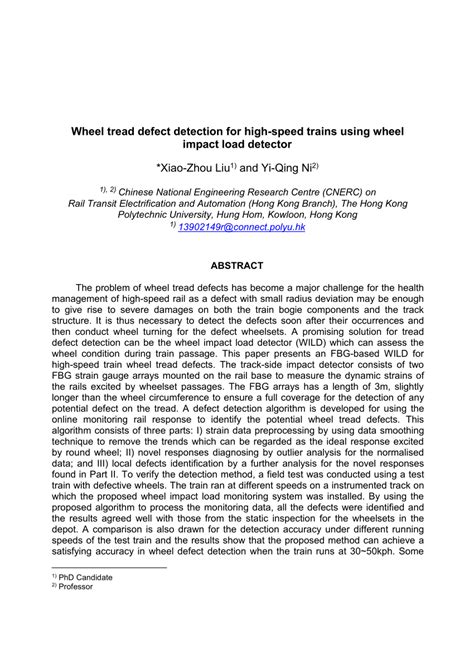 Pdf Wheel Tread Defect Detection For High Speed Trains Using Wheel Impact Load Detector
