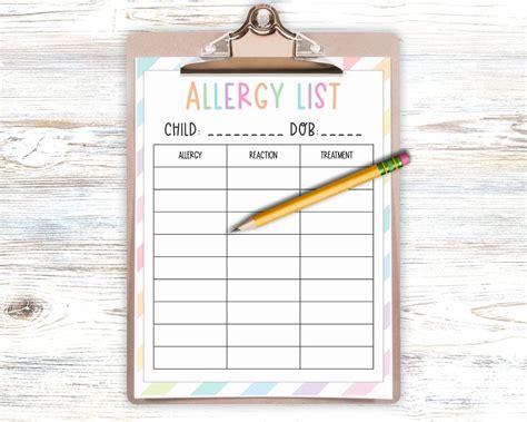Allergy List Printable Home Day Care Or Classroom Emergency