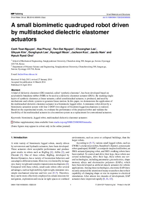 Pdf A Small Biomimetic Quadruped Robot Driven By Multistacked Dielectric Elastomer Actuators