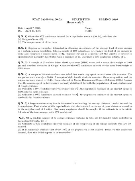 Homework 5 Pdf Confidence Interval Variance