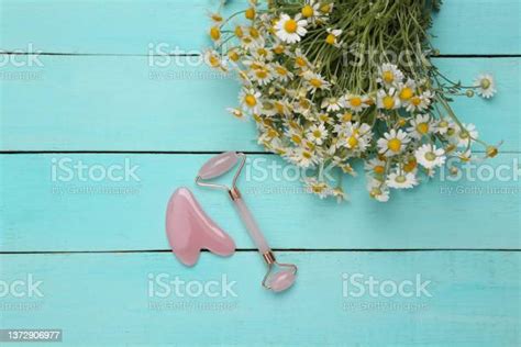 카모마일이 있는 파란색 나무 배경에 얼굴 롤러와 구아 샤 돌 마사지 천연 화장품 컨셉 위쪽 보기 개념에 대한 스톡 사진 및 기타