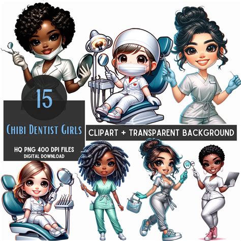 Chibi Dentist Girls Clipart Bundle Dental Png Files Digital Download