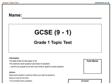 Grade 1 Gcse Maths Topic Test Worksheet Teaching Resources