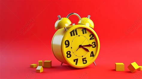 생생한 3d 렌더링 노란색 배경에 알람 시계 마스코트가 있는 빨간색 게임 주사위 큐브의 흥미로운 비행 만화 스포츠 배경 빨간 코트 배경 노란 배경 이미지 Hd 만화