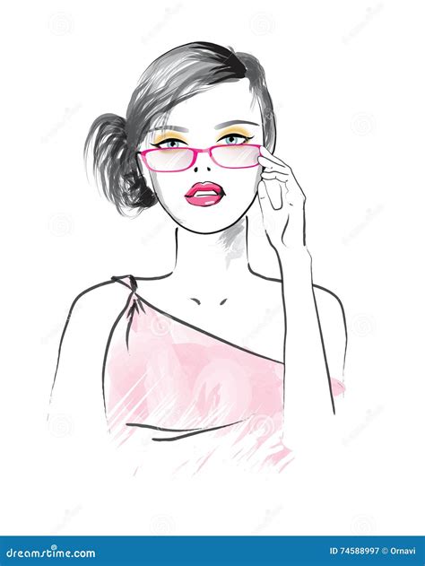 Beautiful Woman In The Glasses Stock Vector Illustration Of Hand