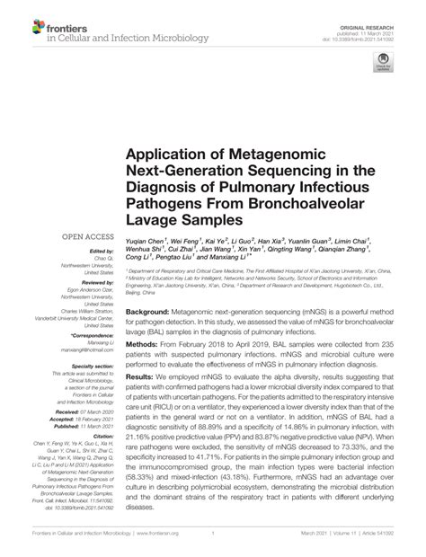 Pdf Application Of Metagenomic Next Generation Sequencing In The Diagnosis Of Pulmonary