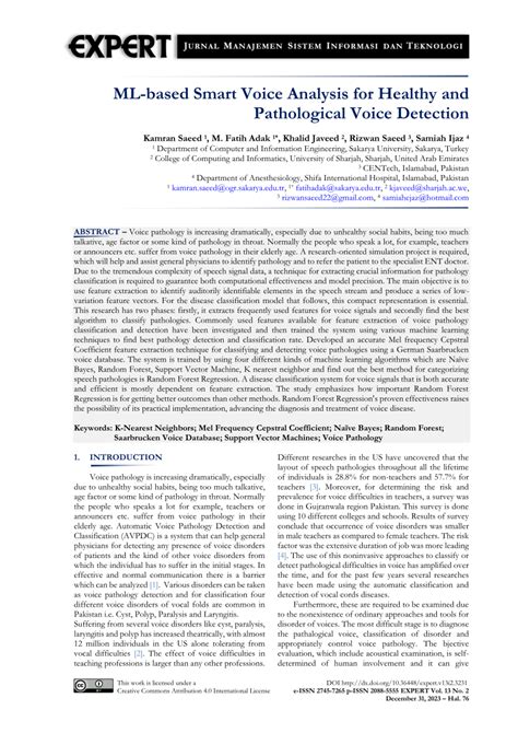 Pdf Ml Based Smart Voice Analysis For Healthy And Pathological Voice