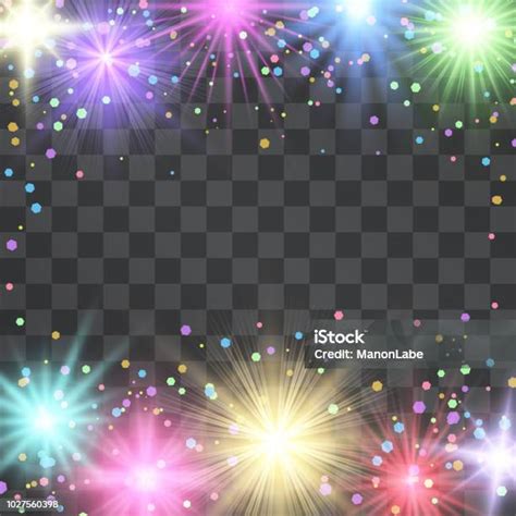 벡터 프레임 빛나는 축제 밝은 색종이 반짝이 장식 조명 별 다 색 빛나는 빛 효과 투명 한 배경에 행복 강조 디자인 세부 사항입니다 0명에 대한 스톡 벡터 아트 및 기타