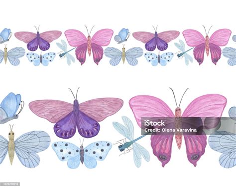 화려한 보라색 보라색 파란색 나비와 잠자리 반복 패턴 수평 테두리 원활한 간단한 손으로 그린 장식품 직물 스크랩 북 테이프 리본