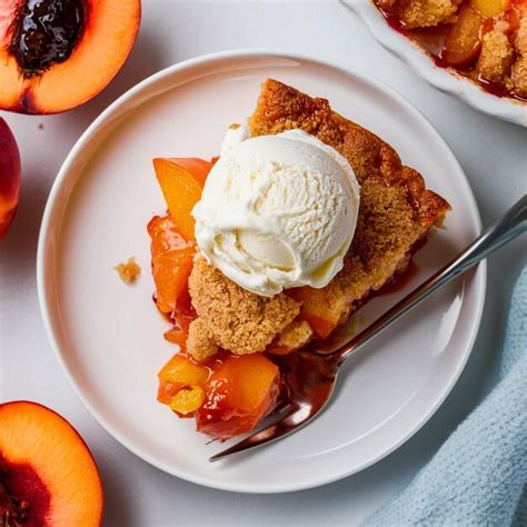 Closeup Of A Slice Of Peach Cobbler With Vanilla Ice Cream Premium Ai