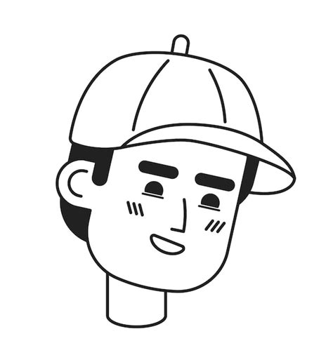베이스볼 모자 이빨이 있는 웃음 흑백 2d 터 아바타 일러스트레이션 야구 모자를 입은 아랍인 만화 캐릭터 얼굴 고립된