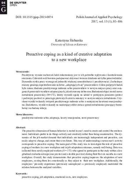 Pdf Proactive Coping As A Kind Of Creative Adaptation To A New Workplace