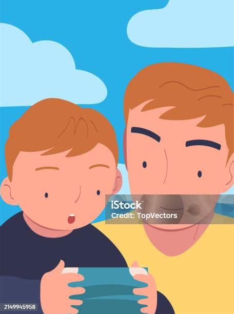 행복하다 아버지 와 비디오를 와 그의 아들 함께 시간을 보내다 벡터 일러스트 귀여운에 대한 스톡 벡터 아트 및 기타 이미지 귀여운 긍정적인 감정 표현 남성 Istock