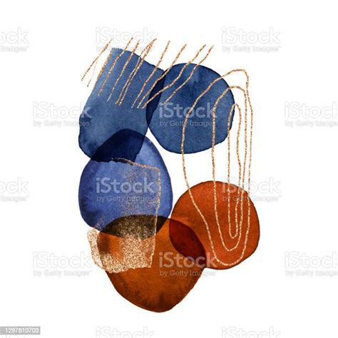 수채화 원 얼룩 금선 파우더 브러시 스트로크가 있는 현대적인 일러스트레이션 벽 사진 로고 커버를 위한 파란색 갈색 투명 원 0명에 대한 스톡 벡터 아트 및 기타 이미지