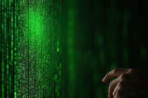 A Closeup Of A Hand Reaching Towards Glowing Green Binary Code On A