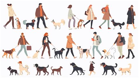 A Series Of Illustrations Of People Walking With Dogs Premium Ai